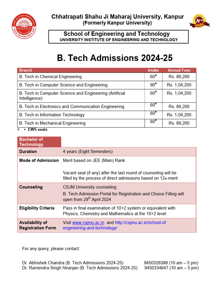 B. Tech Admissions at CSJMU 2024 | PDF | Technology & Engineering