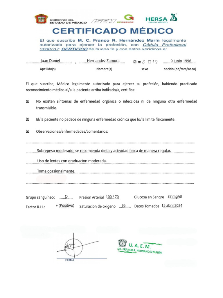 Certificado Medico Daniel | PDF | Especialidades Medicas | Medicina CLINICA