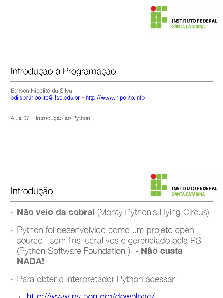 Introdução A Programação - Aula 07 - Introdução Ao Python | PDF ...