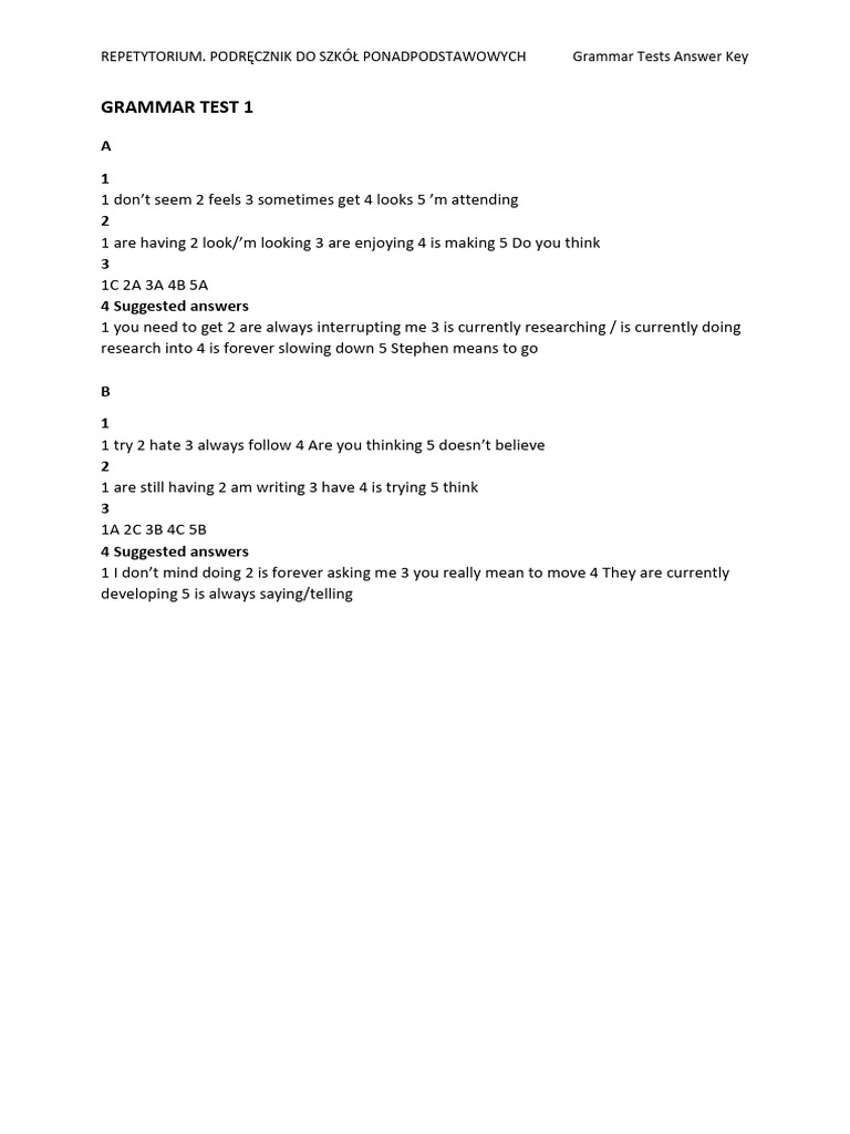 Grammar Test Answer Key Matura | PDF