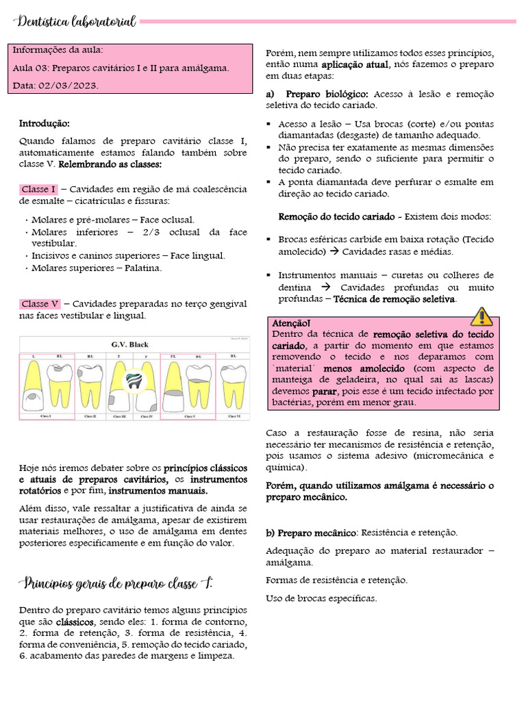 Preparo Cavitário Classe I e II para Amálgama | PDF | Boca | Odontologia