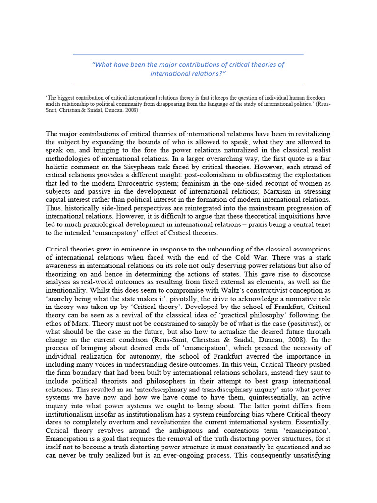 What Have Been The Major Contributions of Critical Theories of International Relations | PDF ...