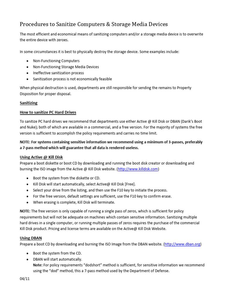 sanitation_procedures0411 | PDF | Hard Disk Drive | Booting