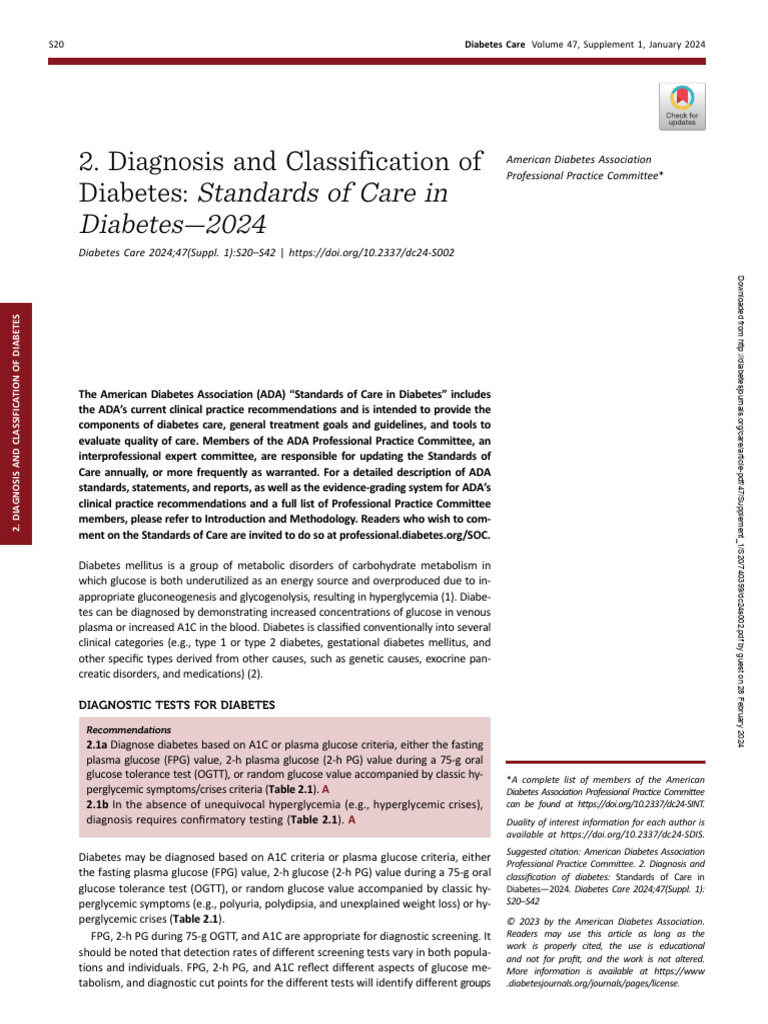 Diretriz ADA Diagnostico DM 2024. | PDF | Prediabetes | Glycated Hemoglobin