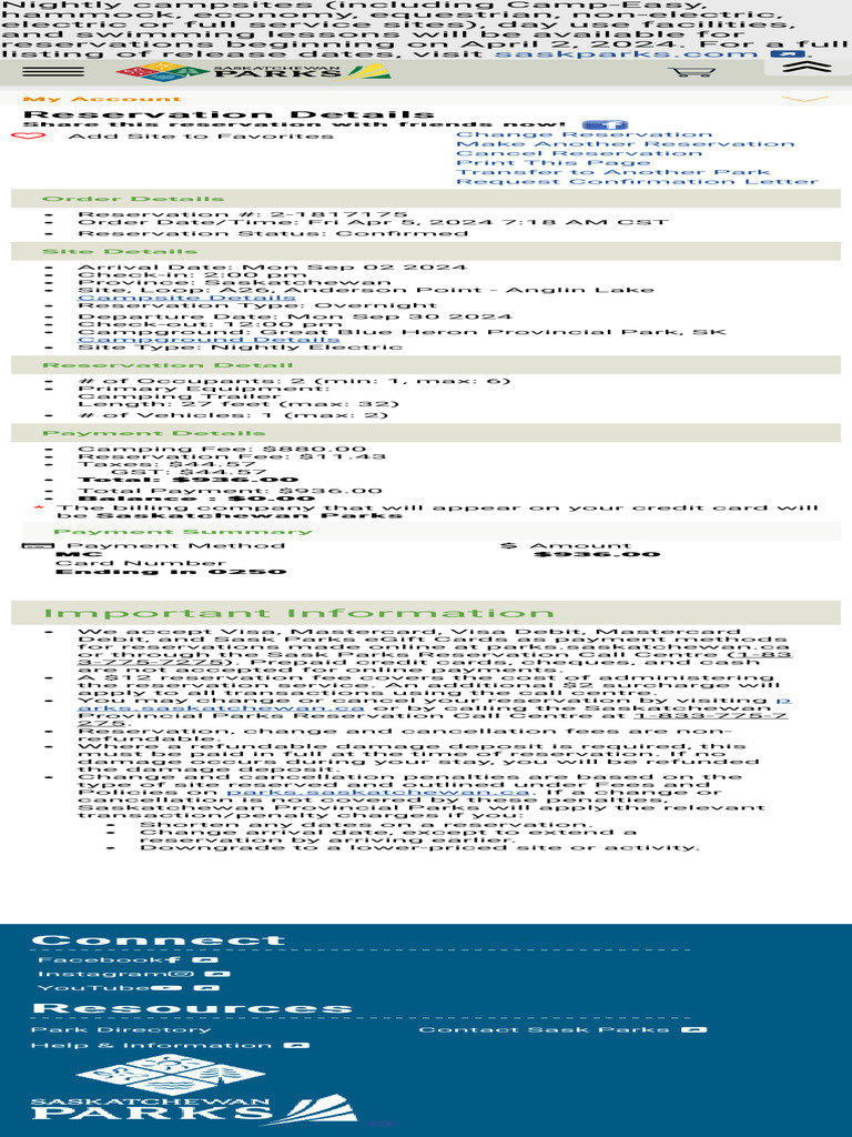 Saskatchewan Parks Reservation Details | PDF