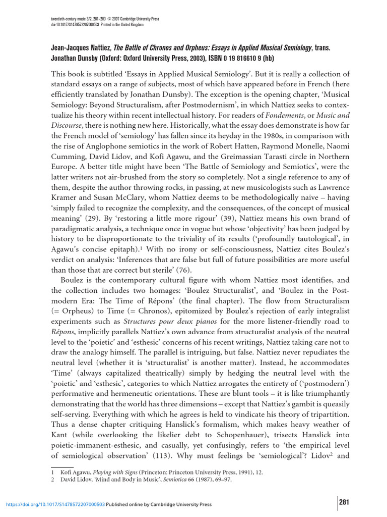 Jean Jacques Nattiez The Battle of Chronos and Orpheus Essays in ...