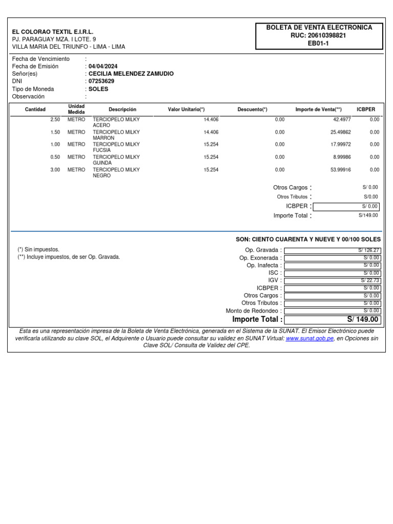 Boleta de Venta Electrónica Textil | PDF