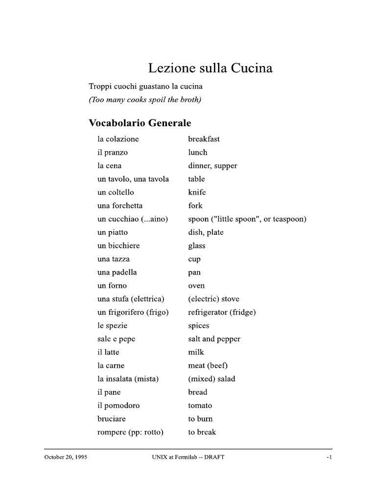 Vocabolario Sulla Cucina | PDF