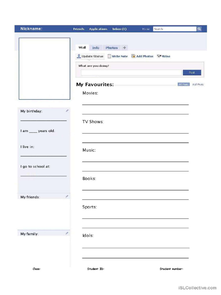 My Facebook Profile Worksheet Activities Promoting Classroom Dynamics ...