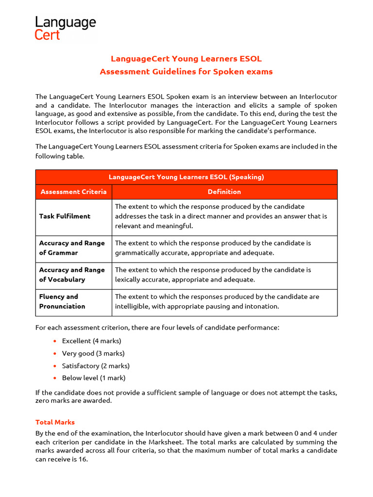 Assessment Guidelines and Marksheet For Spoken Exams | Download Free ...