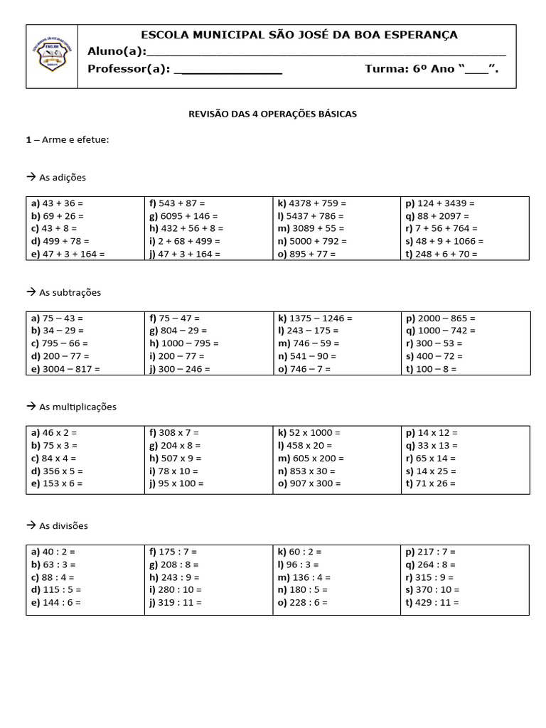1 Exercicios As 4 Operacoes Basicas | PDF