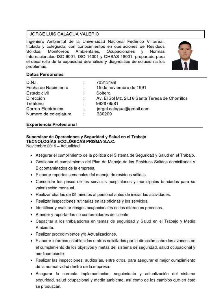 Calagua Valerio Jorge - CV Documentado | PDF | Business