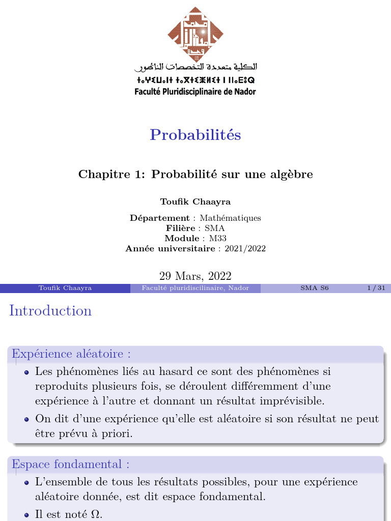 Chapitre 1-Probabilités - Toufik Chaayra | PDF | Théorie des probabilités | Concepts mathématiques