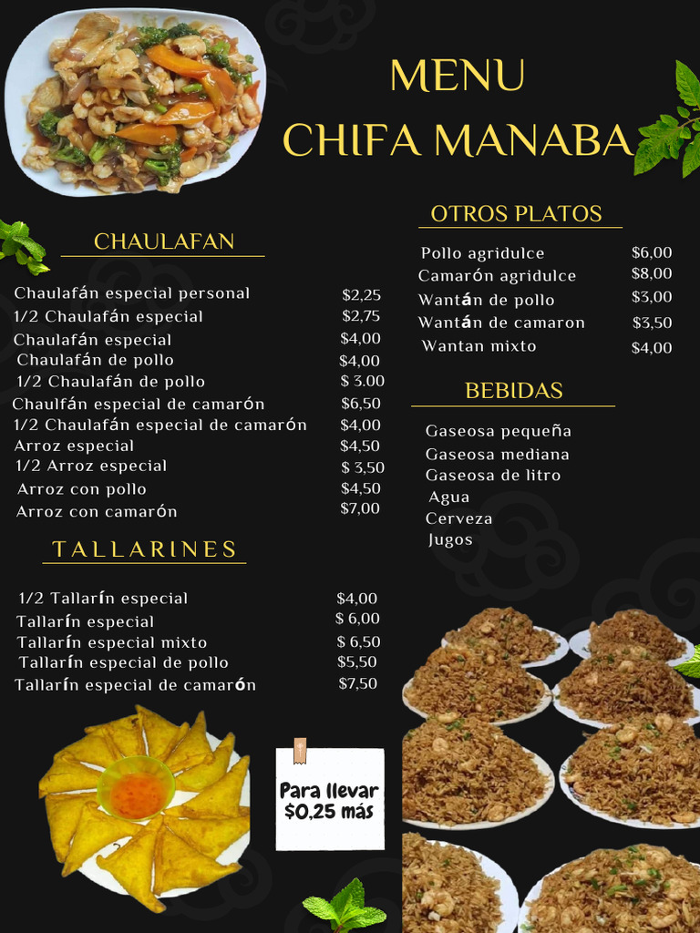 Menú de Chaulafán y Platos Chinos | PDF | Cocina, comidas y vino