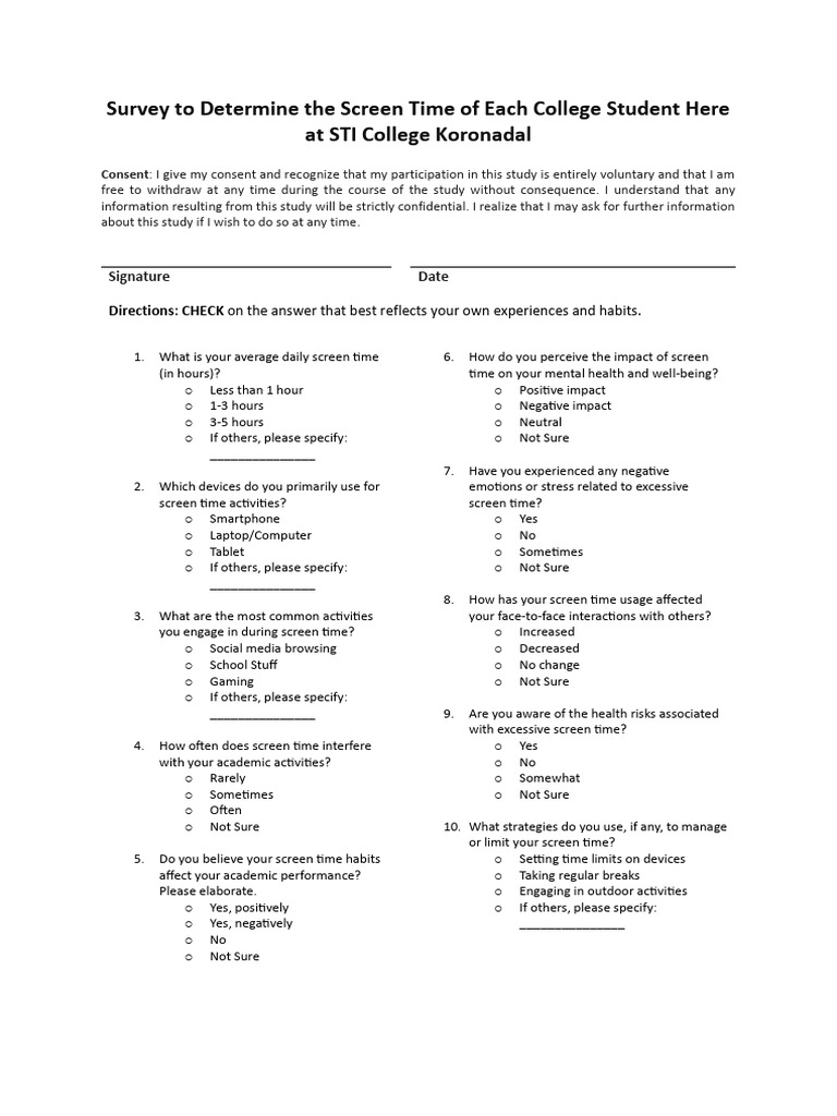 College Student Screen Time Survey | PDF | Emotions | Psychological ...