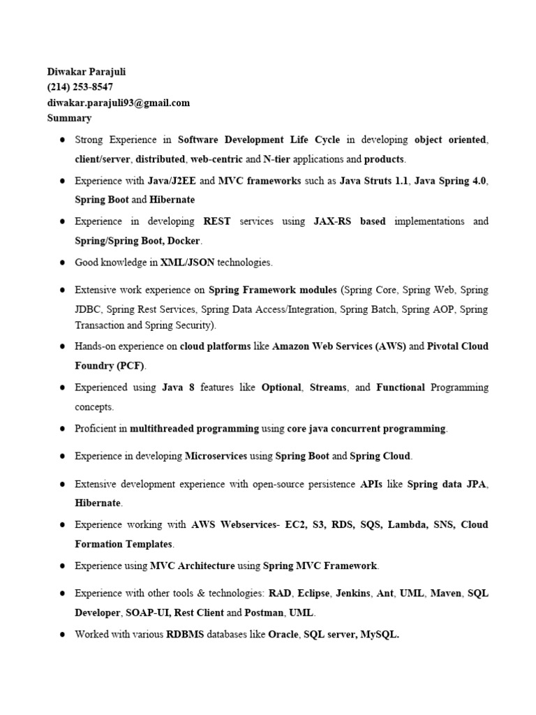 Diwakar - JavaResume | PDF | Spring Framework | Java (Programming Language)
