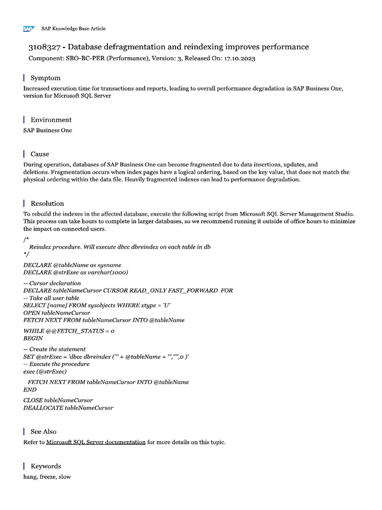 Databse Defragmentation and Reindexing | PDF