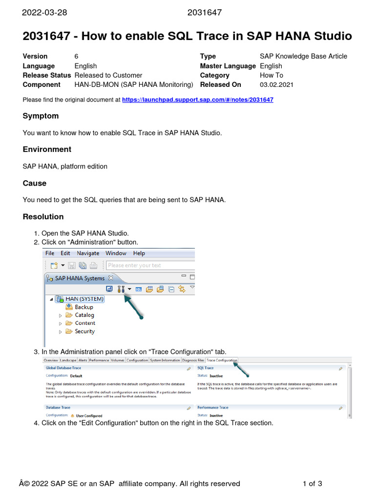 How To Enable SQL Trace in SAP HANA Studio | PDF | Sql | Software Engineering