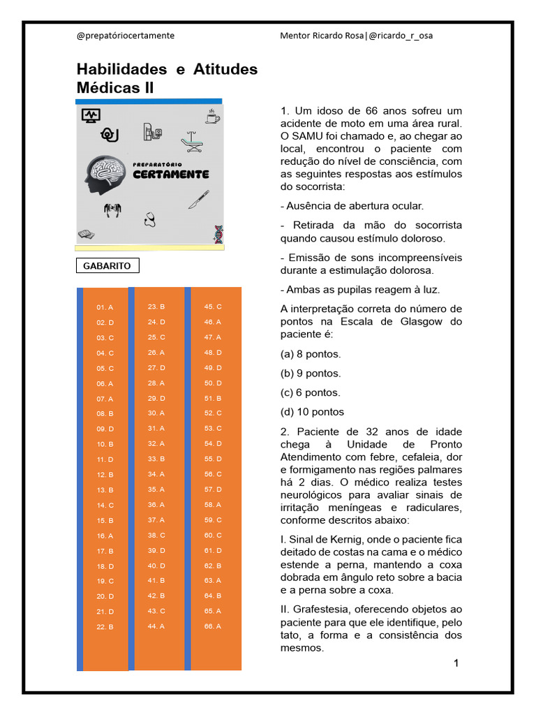 Simulado N1 HAM II 2024.1 3 | PDF | Reanimação cardiopulmonar | Dor