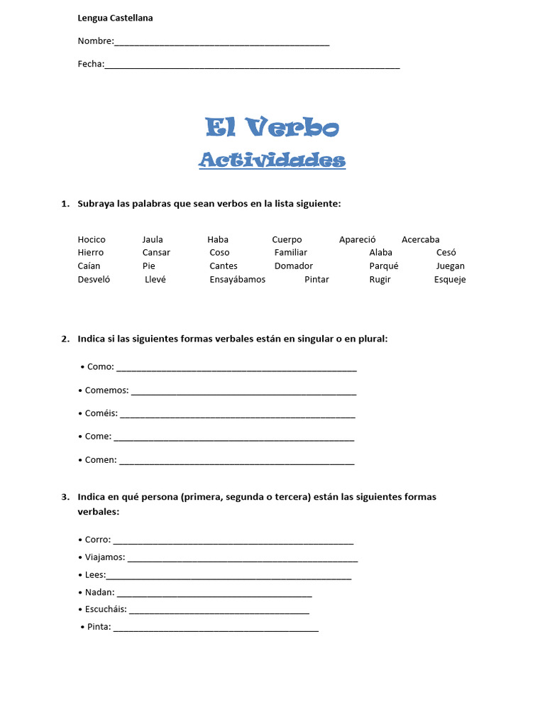 Ejercicios de Verbos en Español | PDF | Verbo | Conjugación gramatical