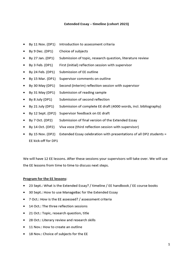 Extended Essay Timeline Program For Lessons Cohort 2023 | PDF