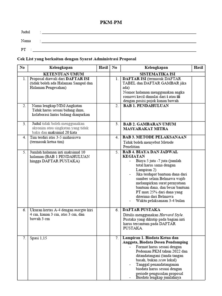 Check List Admin PKM 2022 | PDF
