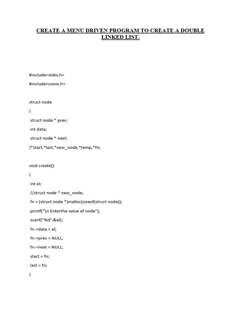 Create A Menu Driven Program To Create A Double Linked List | PDF ...