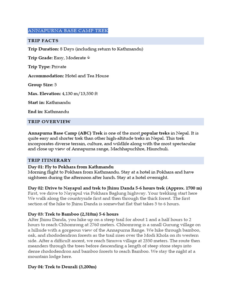 Itinerary ABC | PDF | Kathmandu | Adventure Travel