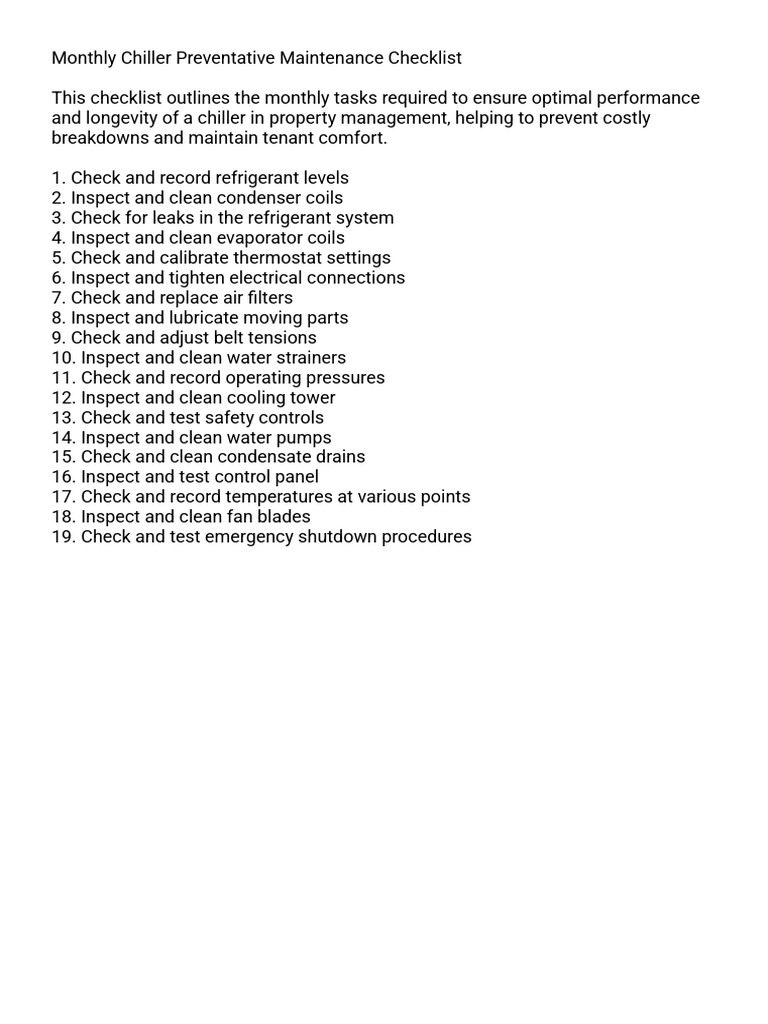 Monthly Chiller Preventative Maintenance Checklist | PDF | Home ...