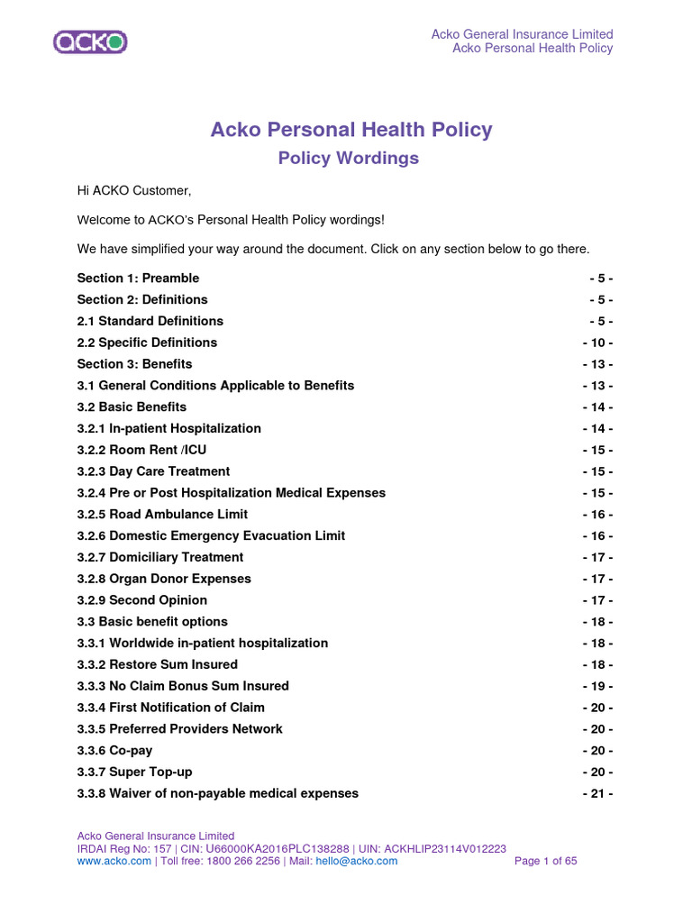 Acko Personal Health Policy Policy Wordings | PDF | Insurance | Intensive Care Medicine