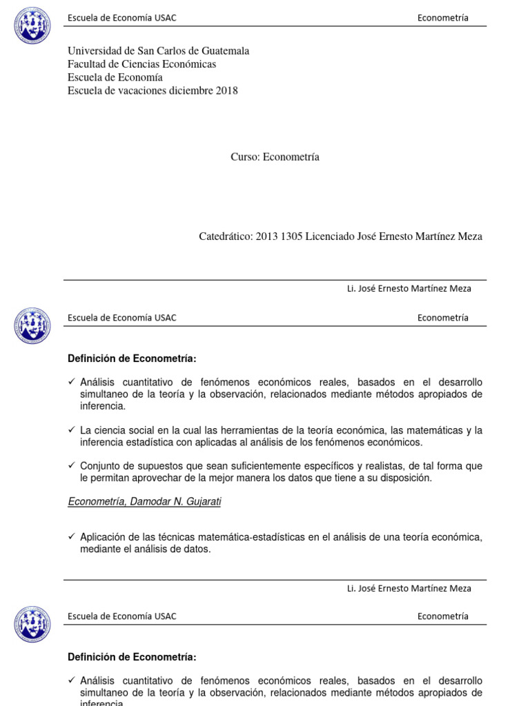 Econometria 2018 Diapositivas | Descargar gratis PDF | Mínimos cuadrados ordinarios | Econometría