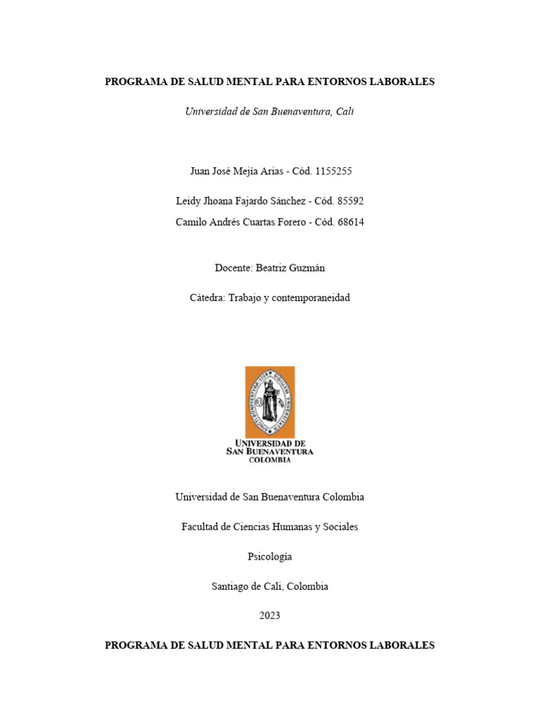 Programa de Salud Mental para Entornos Laborales | PDF | Salud mental | Conceptos psicologicos