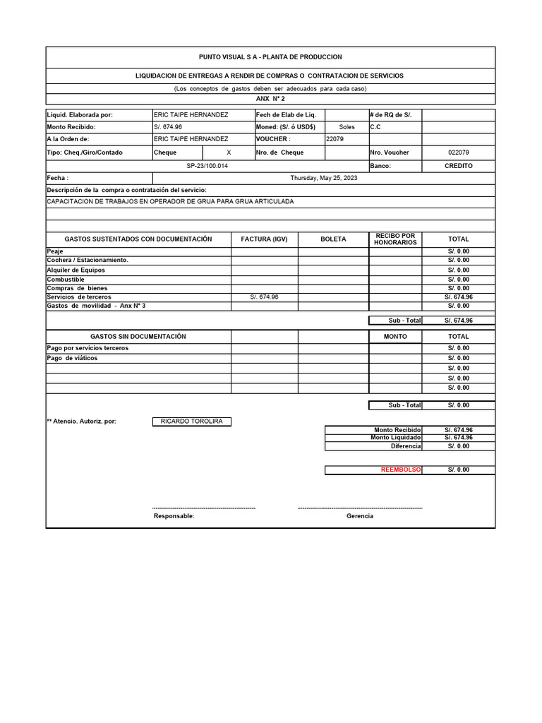 FORM LIQUIDAC COMPRA O PRESTACIÓN DE SERVICIO-Anx # 2 | PDF | Cheque