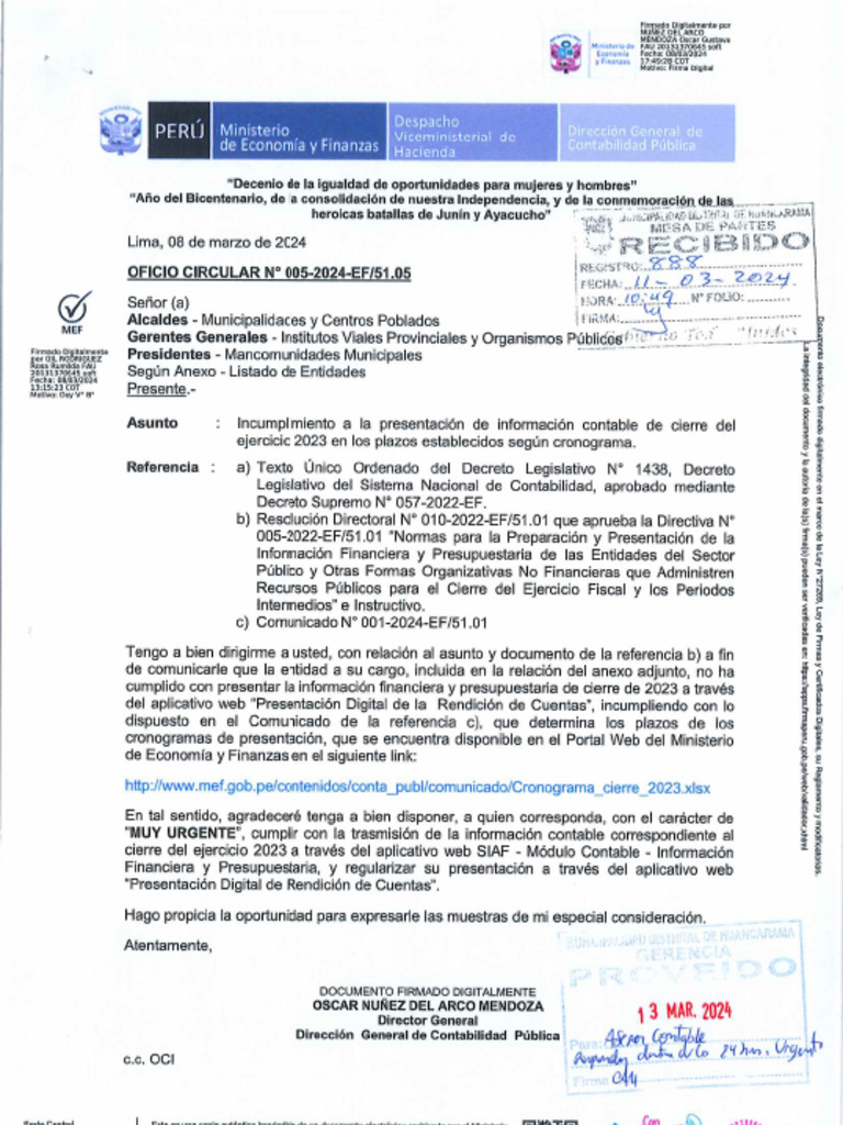 Oficio Circular #005-2024-Ef-51.05 Incumplimiento A La Presentacion de Informacion Contable | PDF