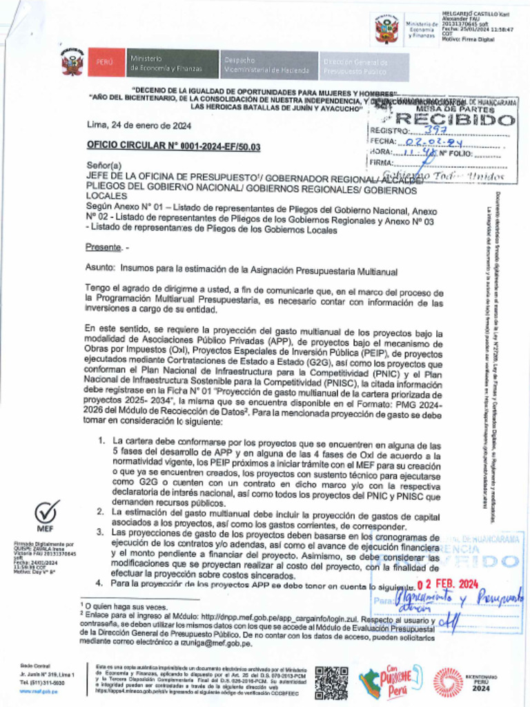 Oficio Circular #001-2024-Ef 50.03 Insumos para La Estimcion de La Asignacion Presupuestaria ...