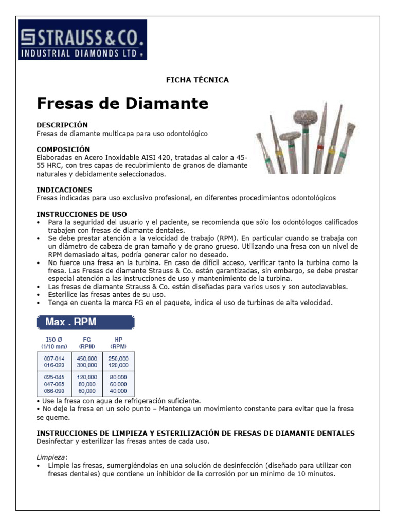 Ficha Técnica de Fresas Dentales Strauss | PDF | Esterilización ...