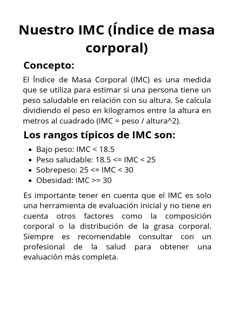Nuestro IMC (Índice de Masa Corporal) | PDF | Resistencia | Ejercicio aerobico