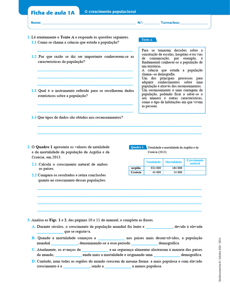 Fichas de Aula (Inclui Soluções) GEO8 | PDF | População mundial ...