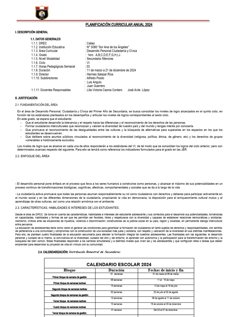 PROGRAMACIÓN ANUAL 1ro - DPCC 2024 | PDF | Enseñando | Discriminación y relaciones raciales