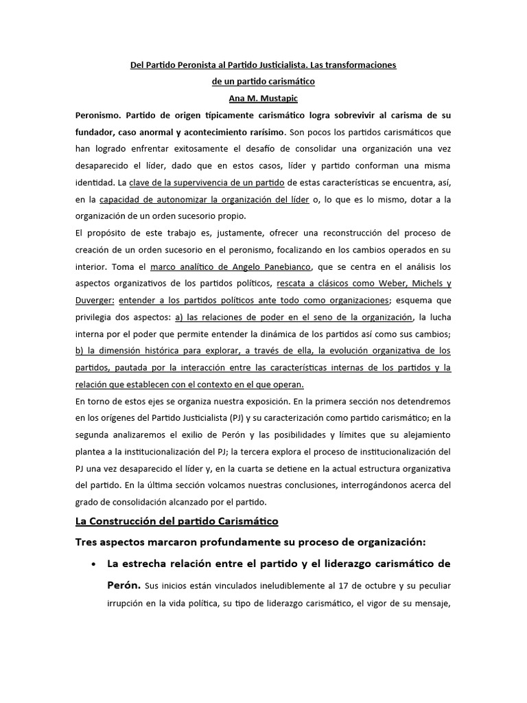 MUSTAPIC-Del Partido Peronista Al Partido Justicialista (RESUMEN) | PDF ...