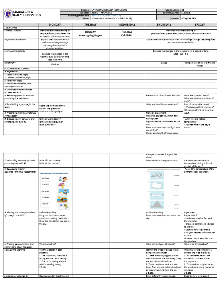 Grade 3 Science Lesson Plan | PDF | Cloud | Rain