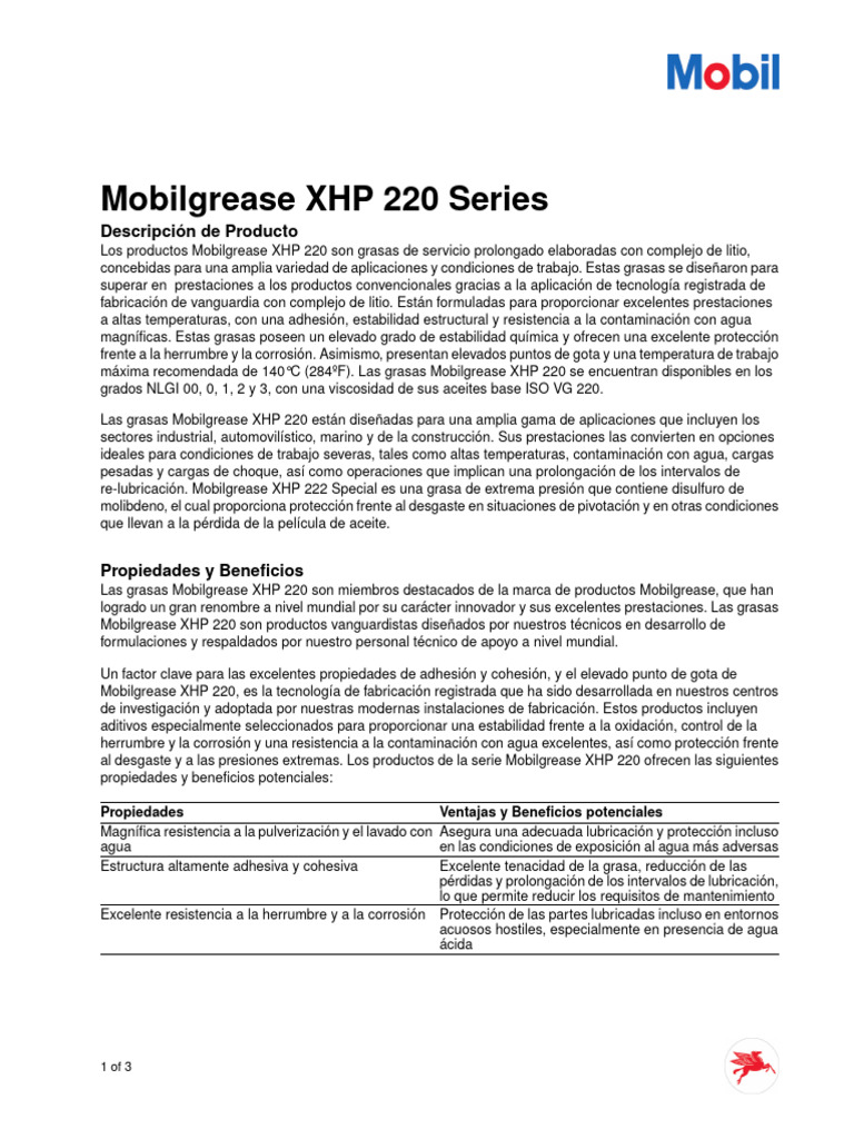 Mobilgrease XHP 220 Series | PDF | Exxon Mobil | Rodamiento (Mecánico)