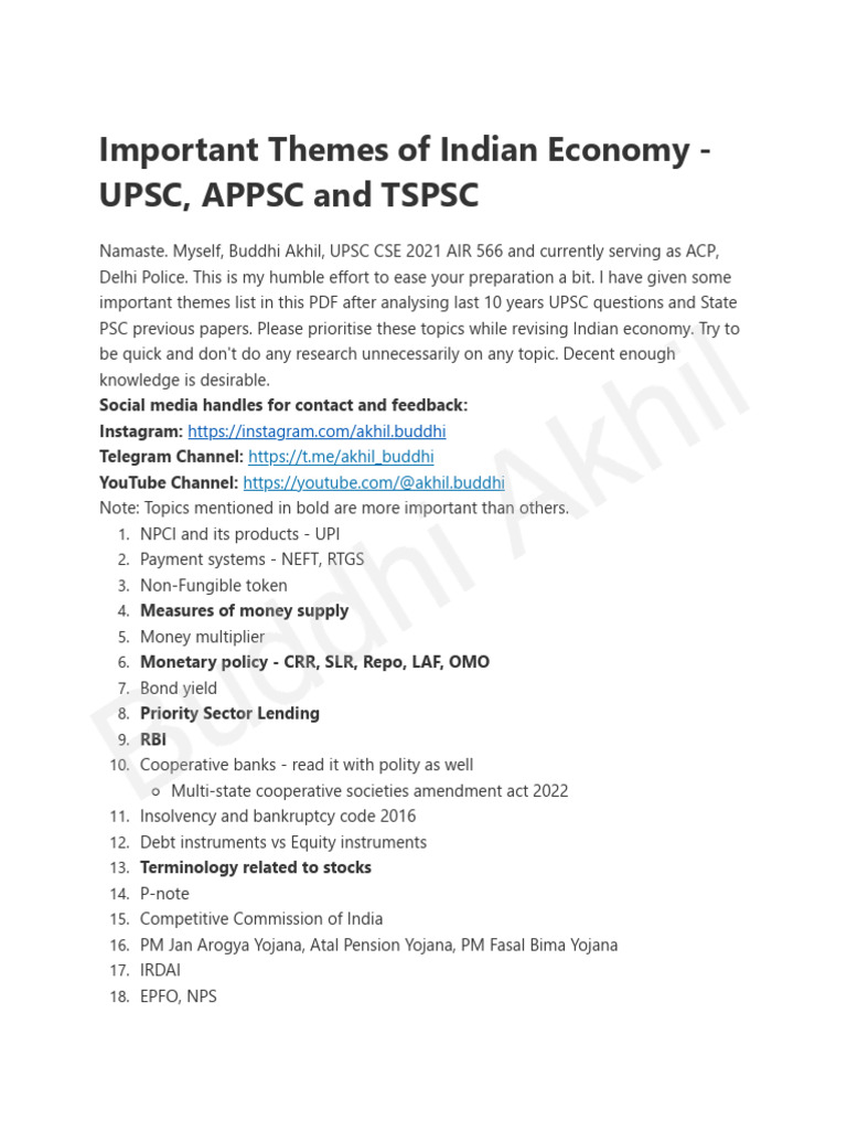 Important Themes of Indian Economy - UPSC, APPSC and TSPSC | PDF ...