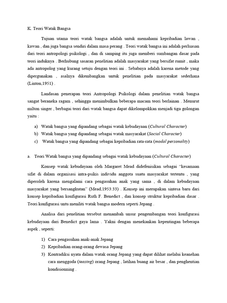 Teori Watak Bangsa dalam Antropologi | PDF