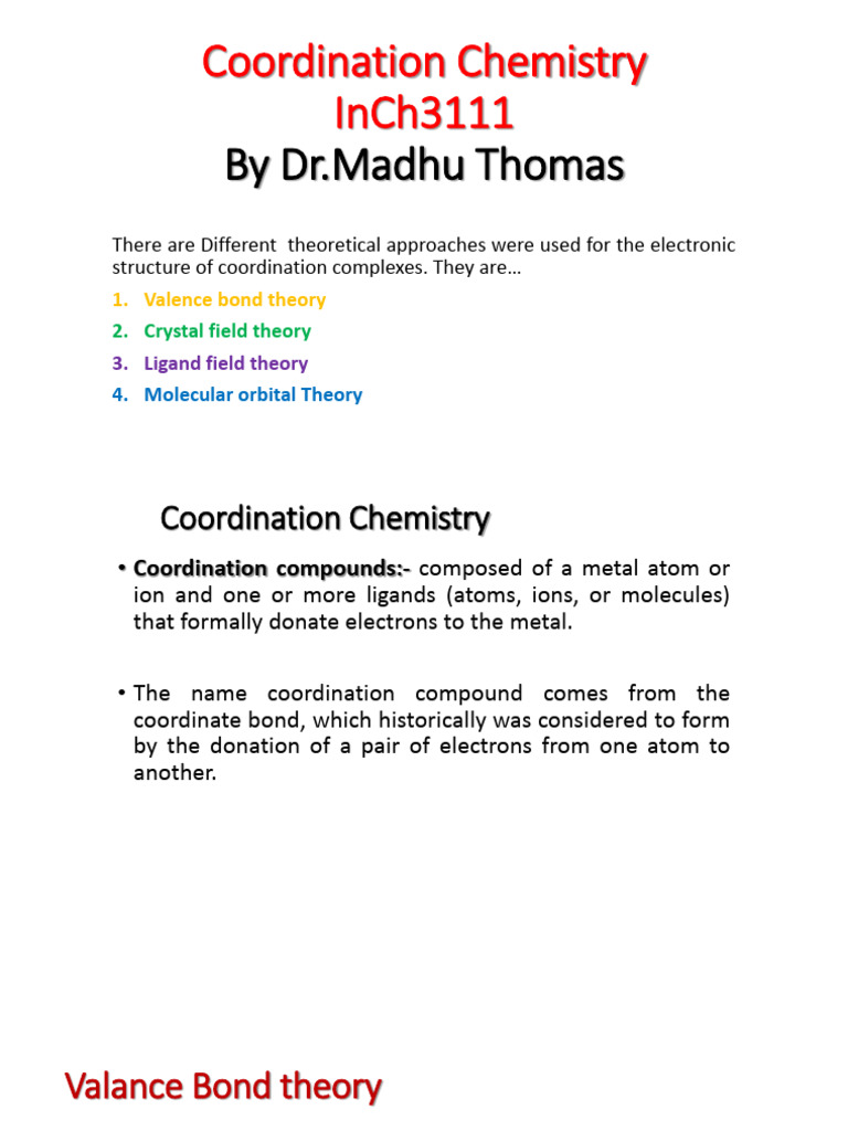 Coordination Chemistry Theories | PDF | Coordination Complex | Ligand