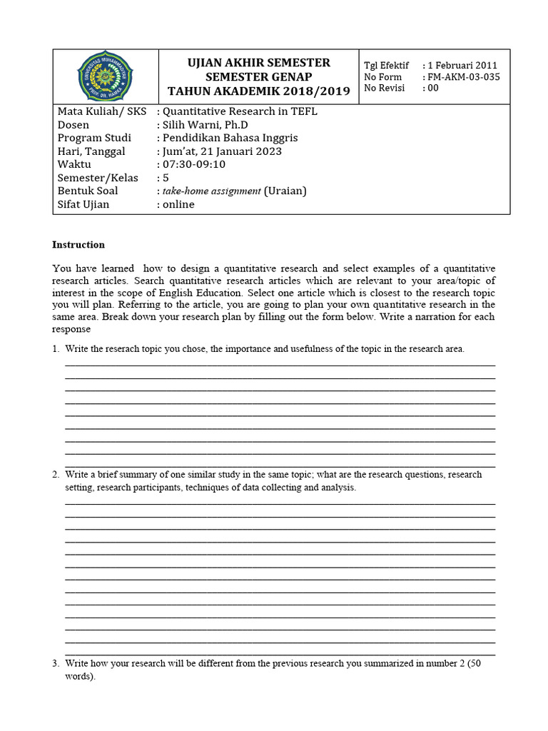 Instructions For Final Assignment. Quantitative Research in TEFL | PDF | Methodology ...