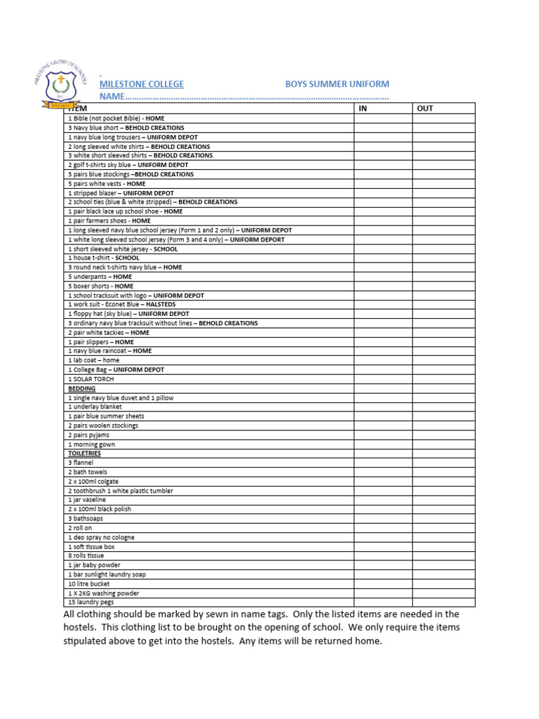 Boys' Summer Uniform Checklist | PDF | Clothing | Fashion