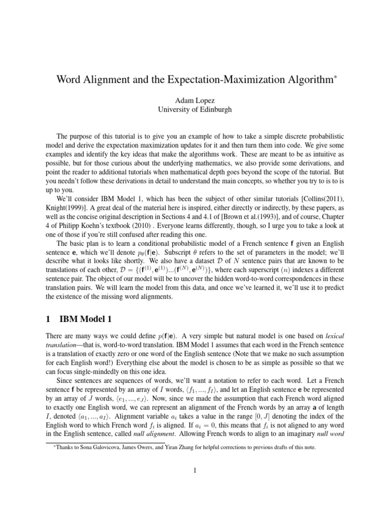 Lecture 3 RR Word Alignment and EM | PDF | Mathematics | Applied ...