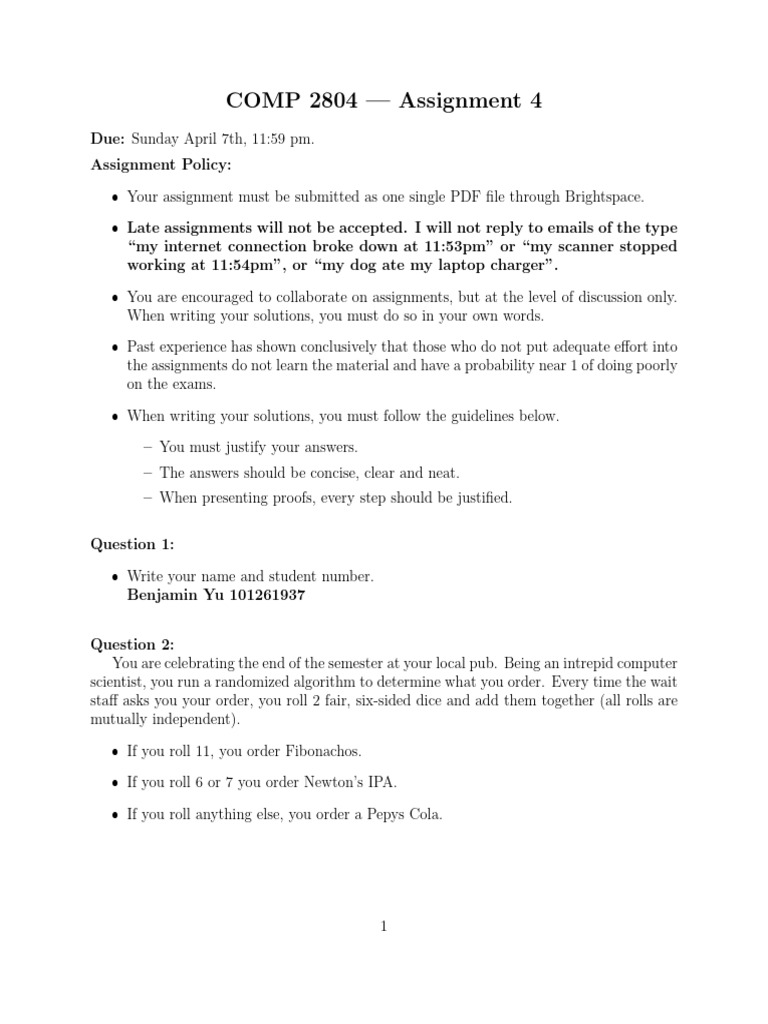 COMP 2804 - Assignment 4 | PDF | Expected Value | Central Processing Unit