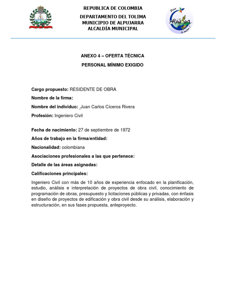 Anexo 4 - Residente de Obra | PDF | Ingeniero civil | Ingeniería